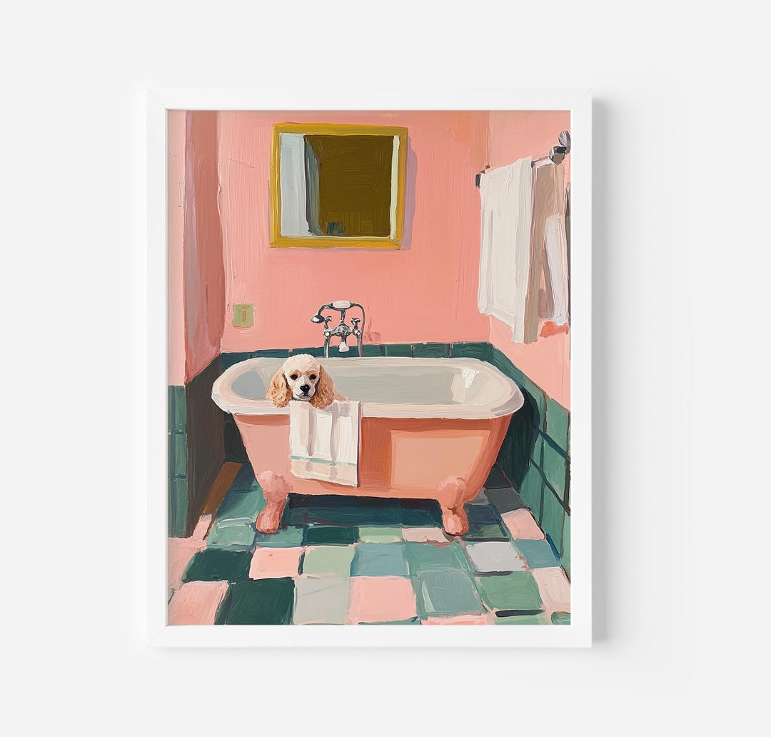 Toy Poodle in Bathtub Print, Aesthetic Pink Bathroom Wall Art, Gift for ...