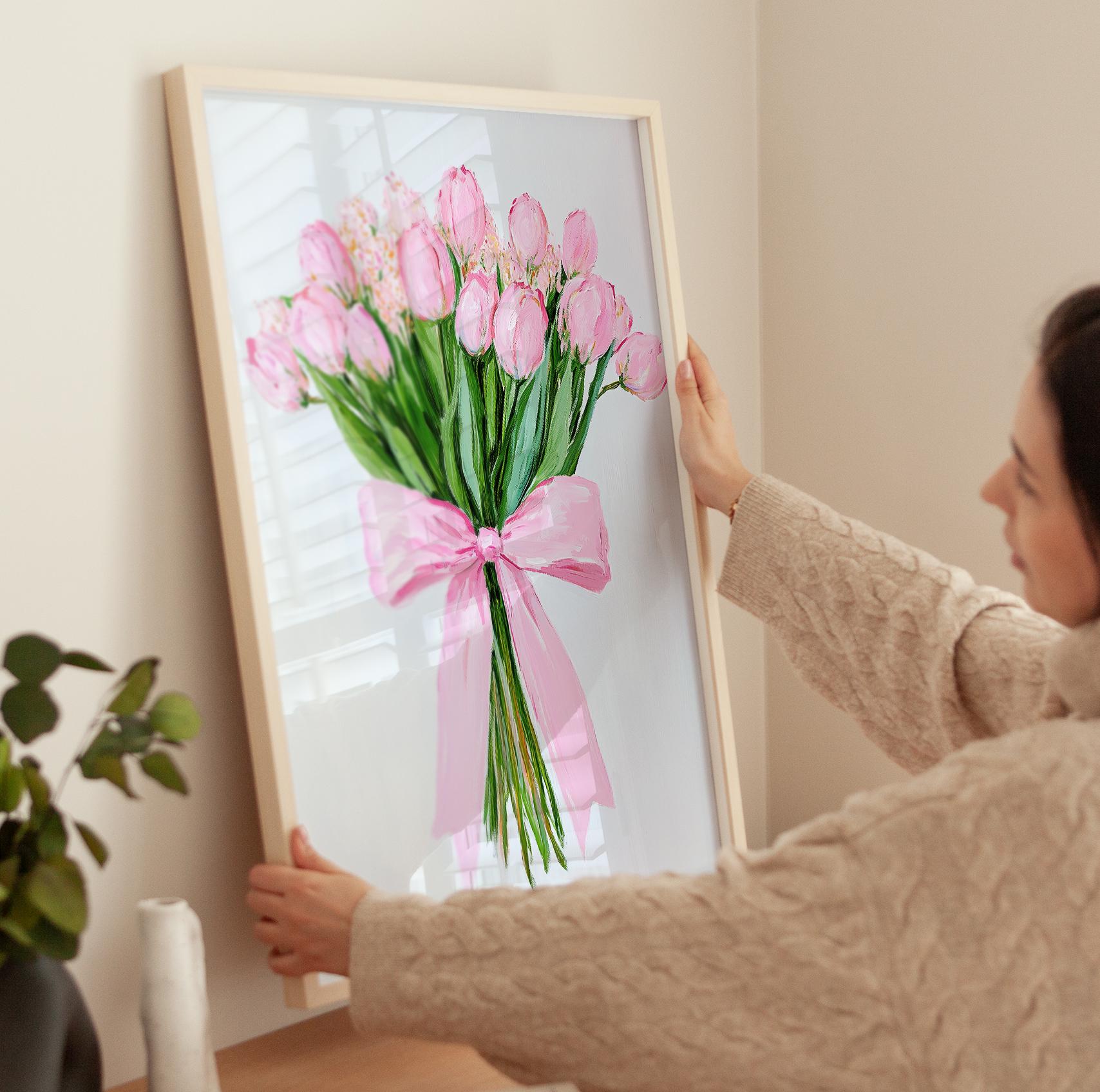 Tulip Flower Bouquet Art Print, Coquette Trendy Bow Print, Tulips Oil ...