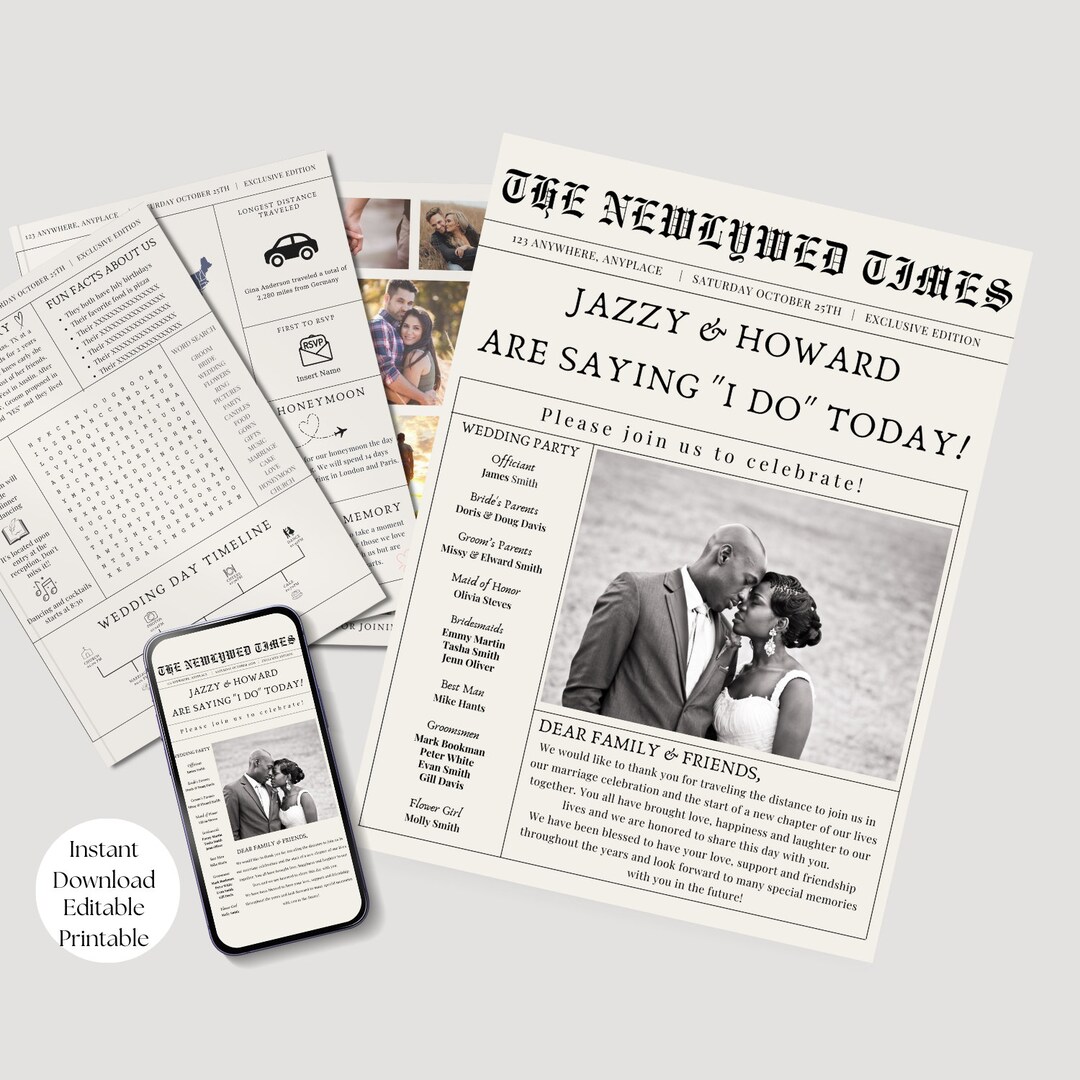 Newspaper Wedding Program Template, Order of Events, Printable (canva ...