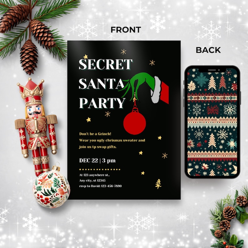 Secret Santa Invitation Grinch Hand Editable Template - Etsy
