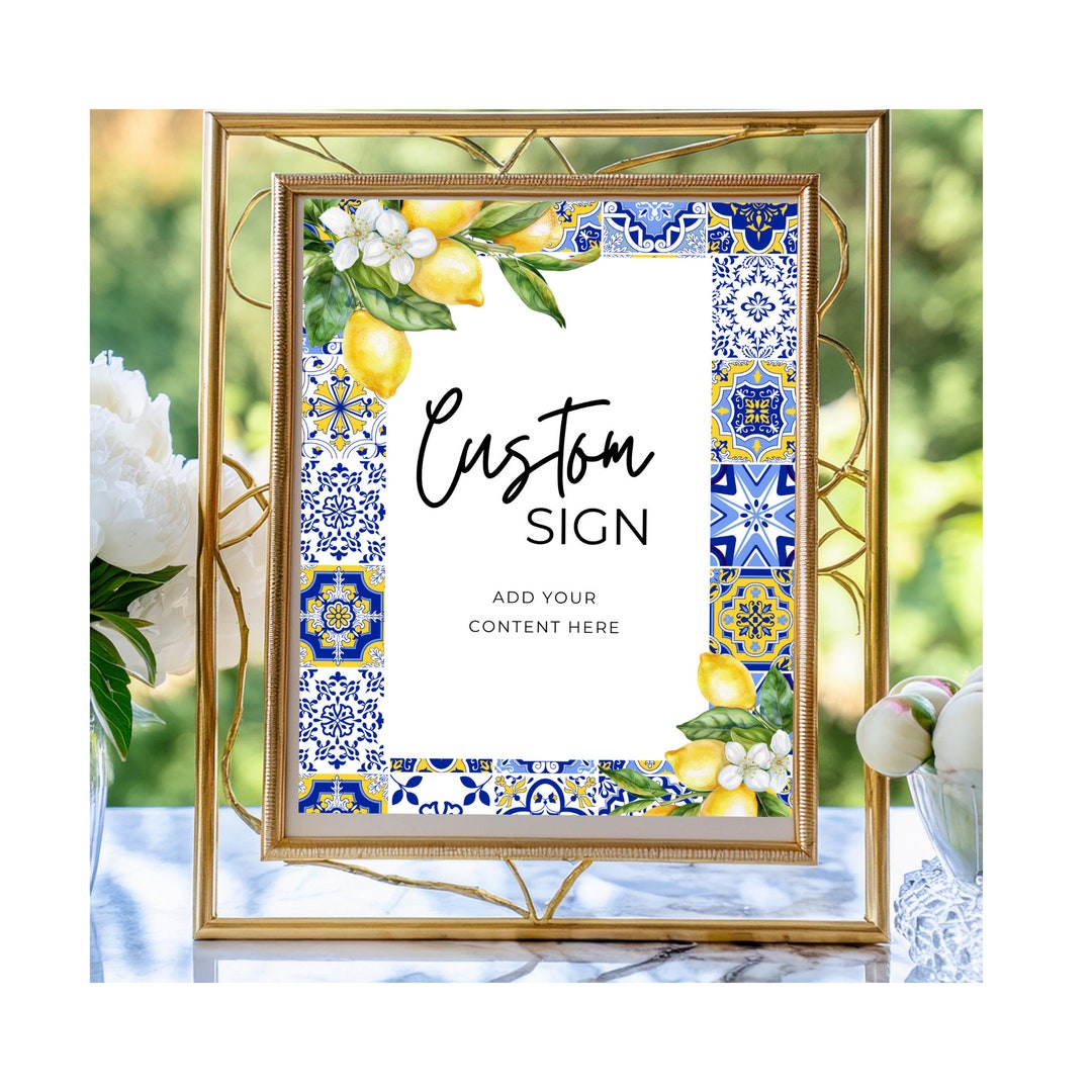 Blue Tiles Lemon Bridal Shower Sign Custom, Mediterranean Wedding ...