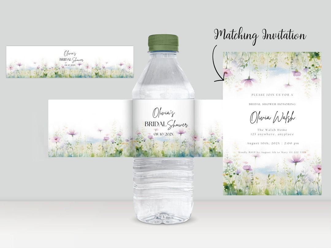 Dusty Blue Water Bottle Labels Bridal Shower, Floral Water Wrap, Custom ...