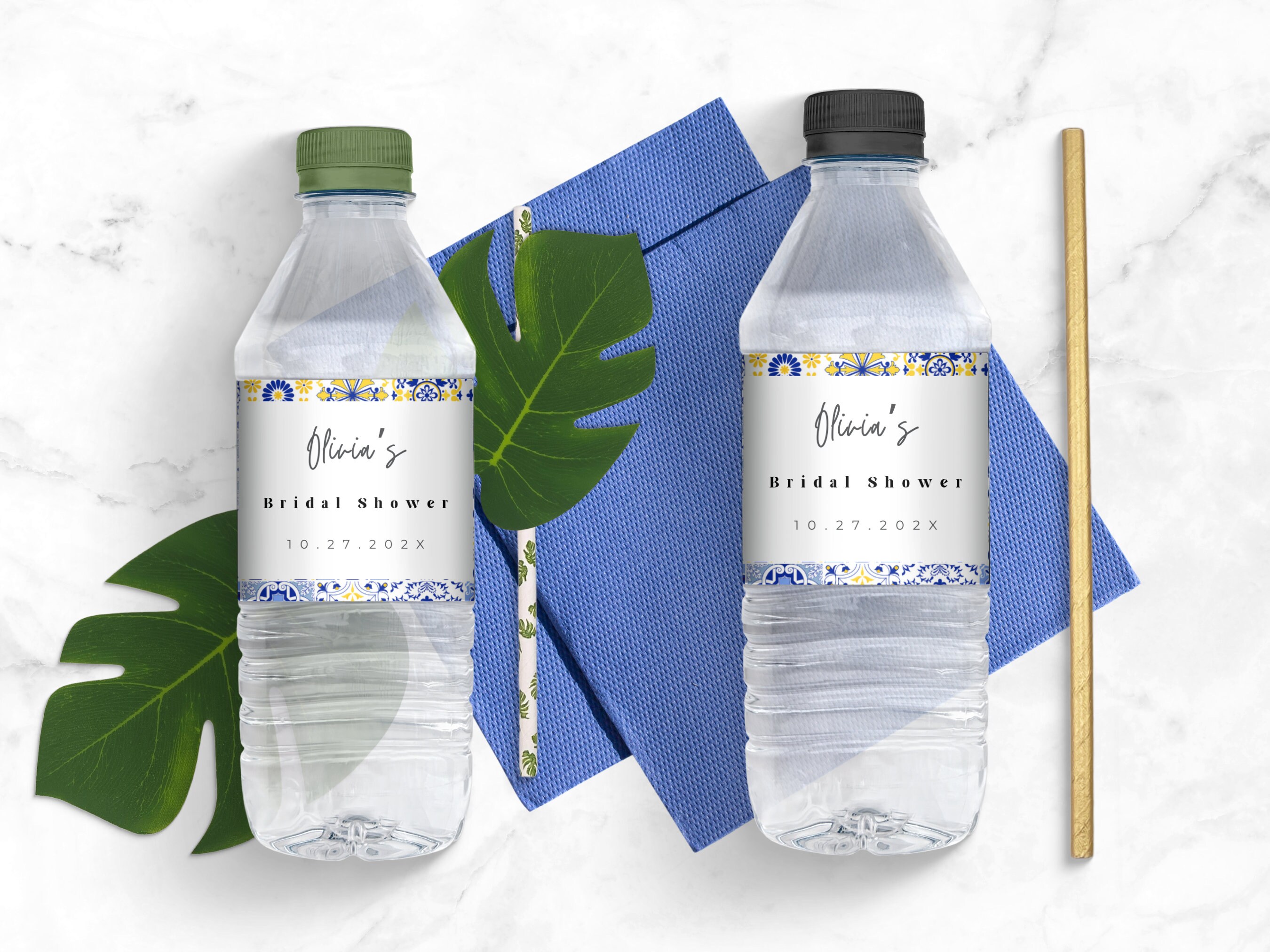 Water Bottle Labels Mediterranean Water Wrap, Blue Tile and Lemon Drink ...