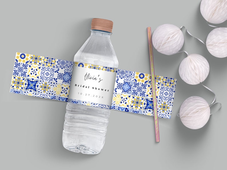 Water Bottle Labels Mediterranean Water Wrap, Blue Tile and Lemon Drink ...