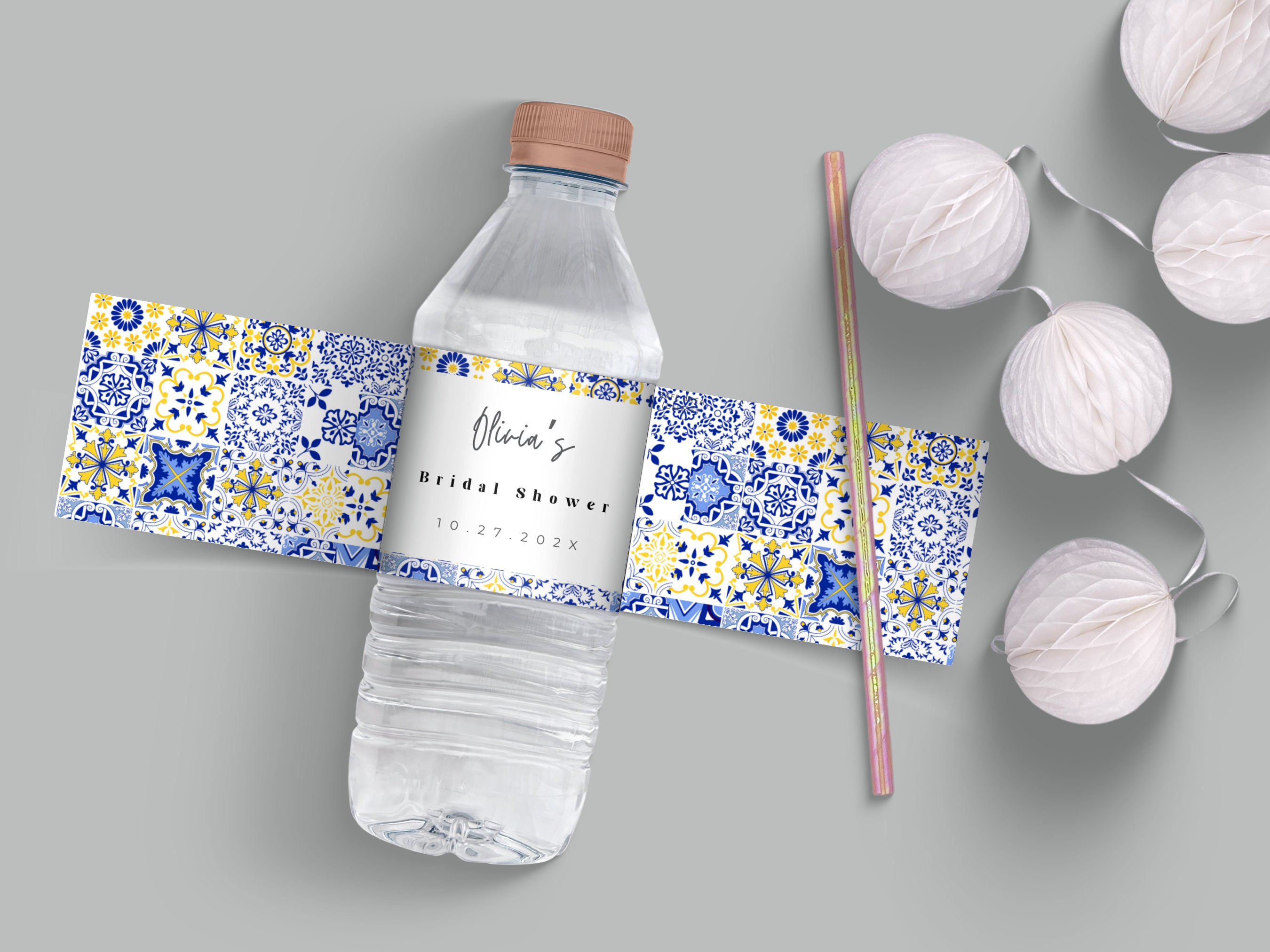 Water Bottle Labels Mediterranean Water Wrap, Blue Tile and Lemon Drink ...