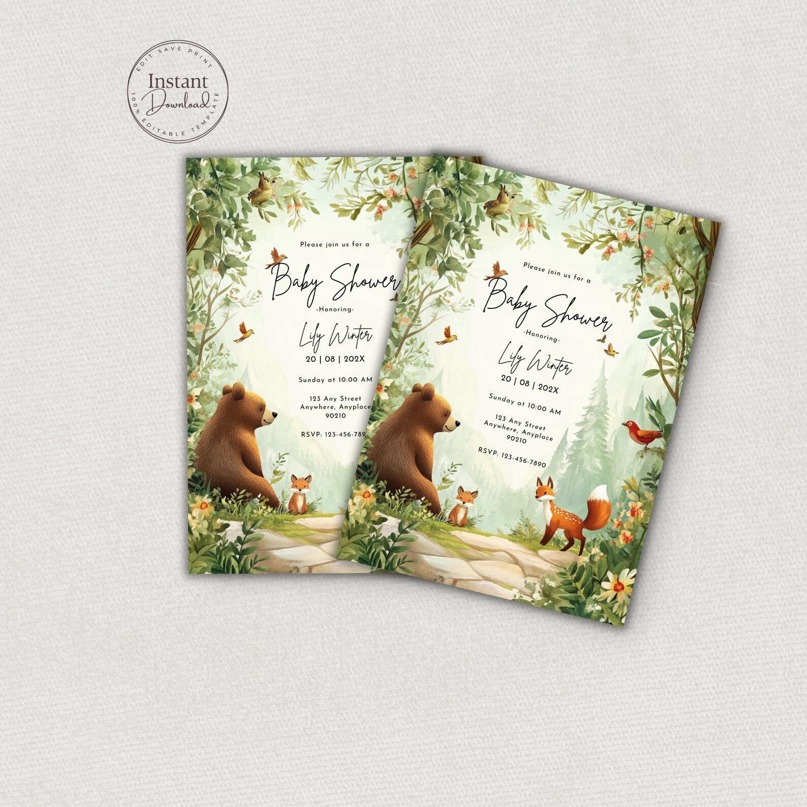 Printable Invitations Baby Shower Woodland Theme, Baby Animals, Forest ...