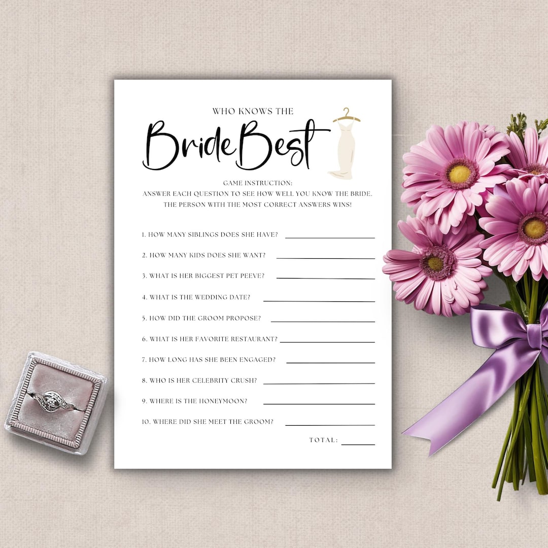 Who Knows the Bride Bridal Shower Game, Fun Wedding Activity (5x7 PDF ...