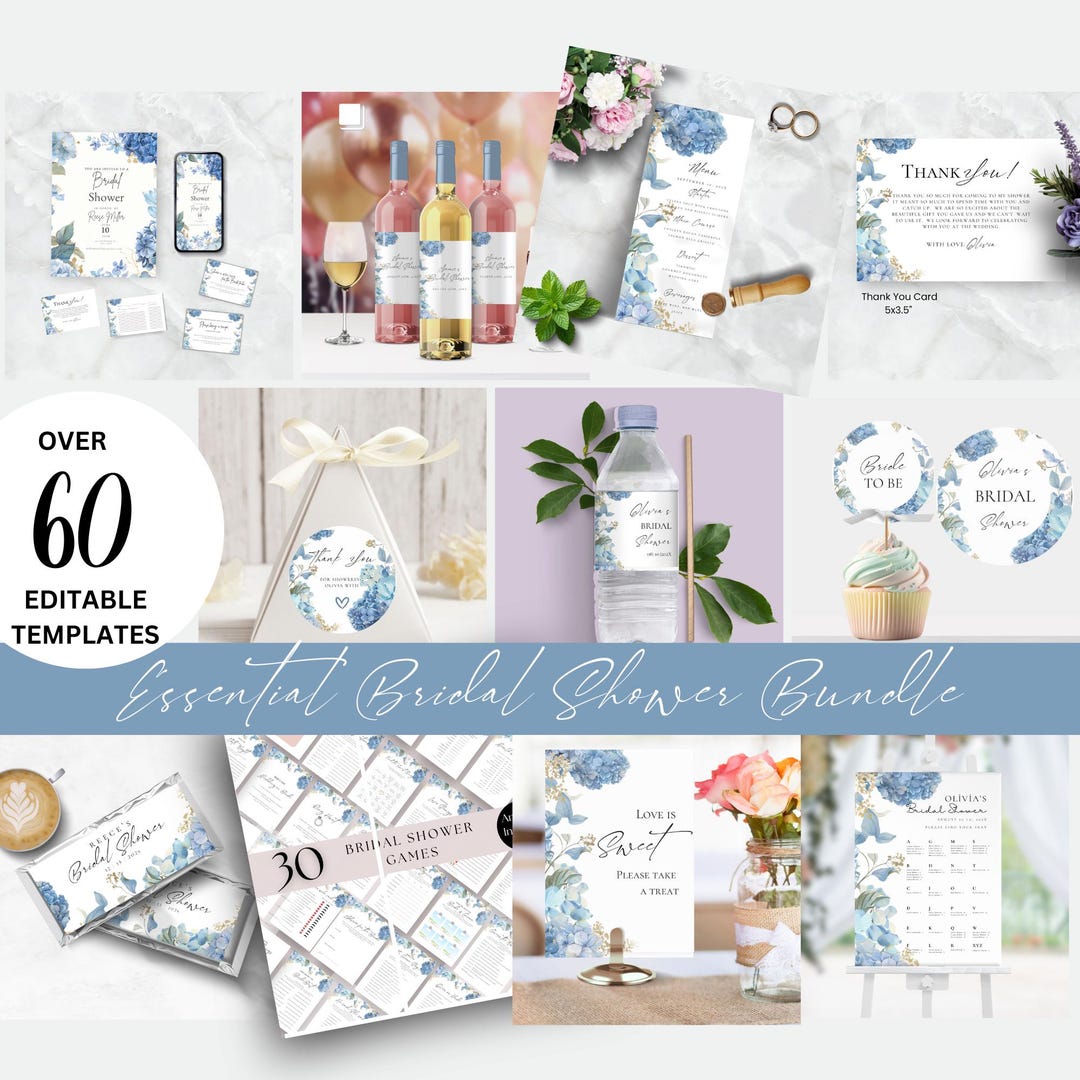 Dusty Blue Hydrangea Bridal Shower Bundle, Elegant Printable (canva) - Etsy