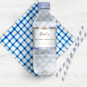 Water Bottle Labels Mediterranean Water Wrap, Blue Tile and Lemon Drink ...
