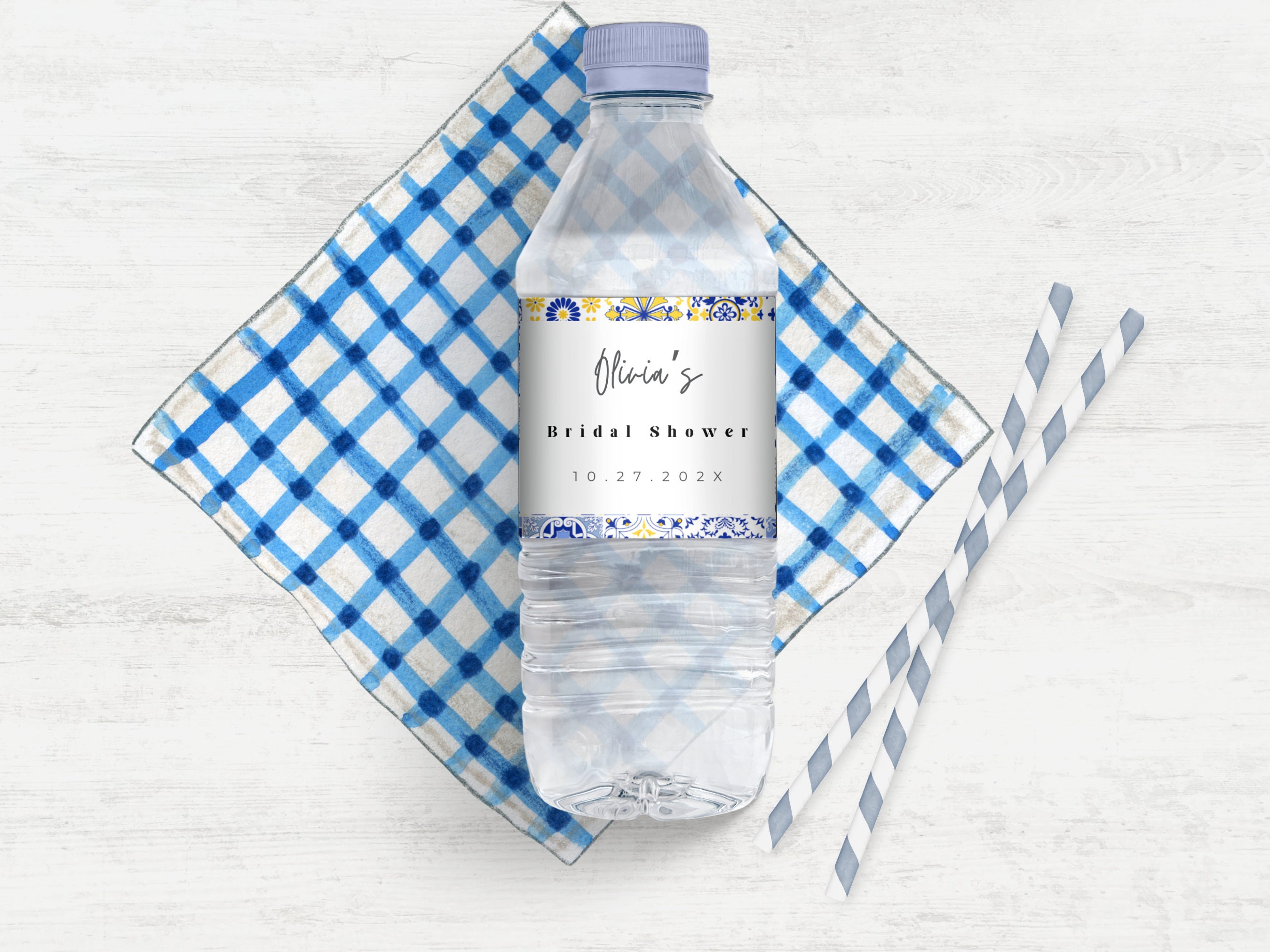 Water Bottle Labels Mediterranean Water Wrap, Blue Tile and Lemon Drink ...