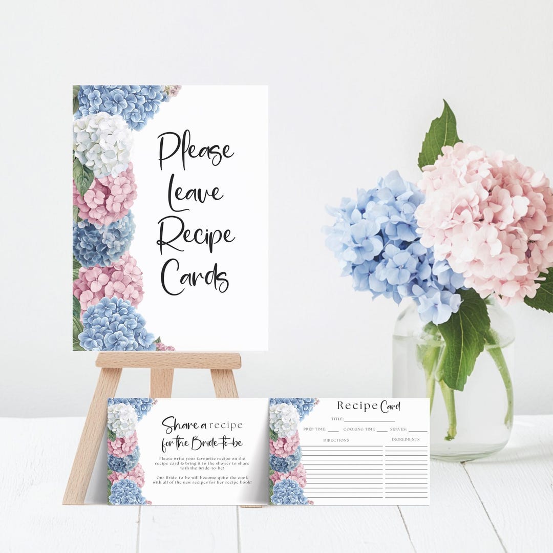Bridal Shower Recipe Sign and Cards Hydrangea Theme Printable Editable ...