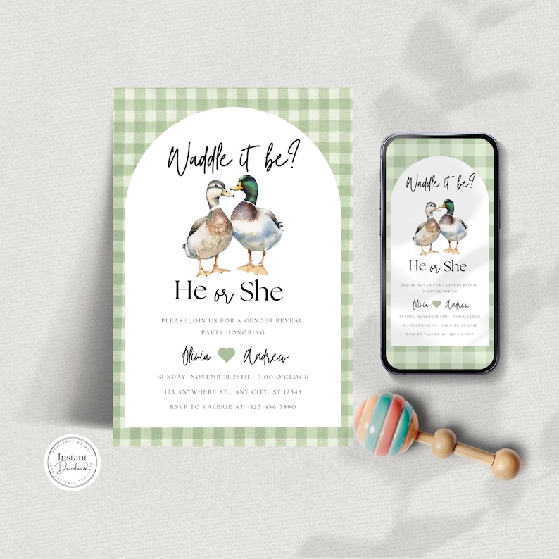 Mallard Duck Gender Reveal Invite, Waddle It Be, Pregnancy Invitation ...