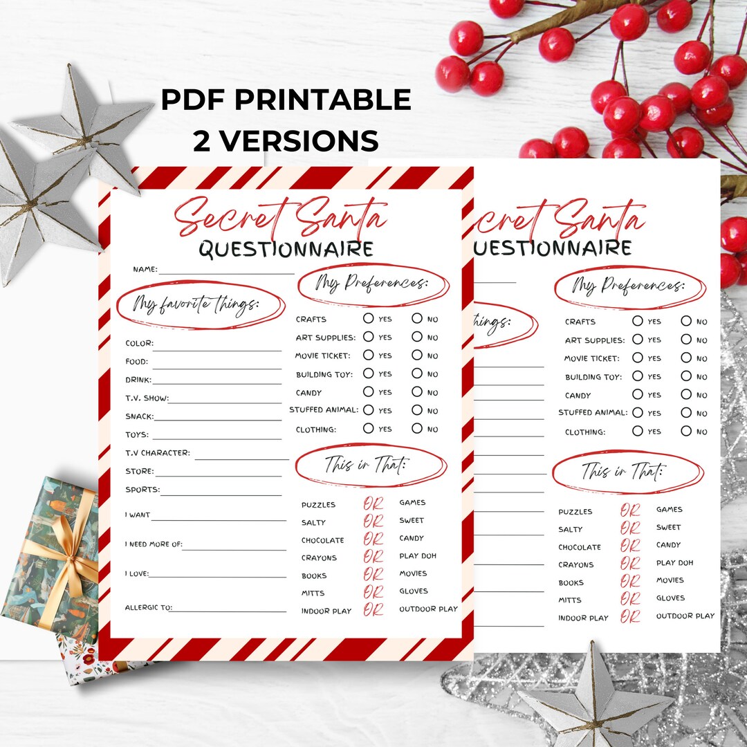 Secret Santa Questionnaire Kids, Xmas Form, Gift-giving Children, PDF ...