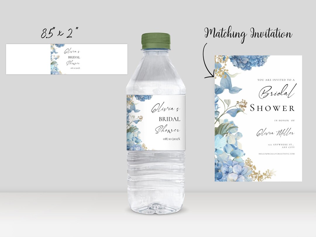 Blue Hydrangea Bridal Shower Water Bottle Labels, Editable Template ...