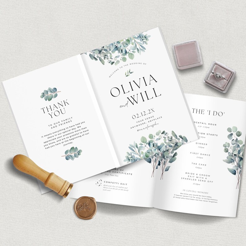 Eucalyptus Wedding Program Template, Folded Booklet (canva Editable) - Etsy