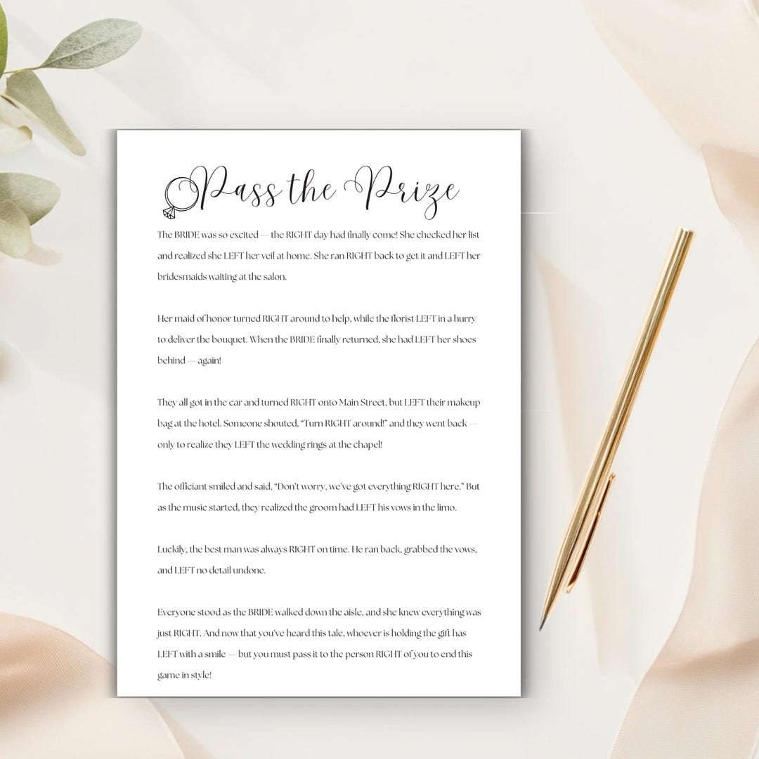 Pass the Prize Bridal Shower Game Left Right Poem Printable PDF Gift ...