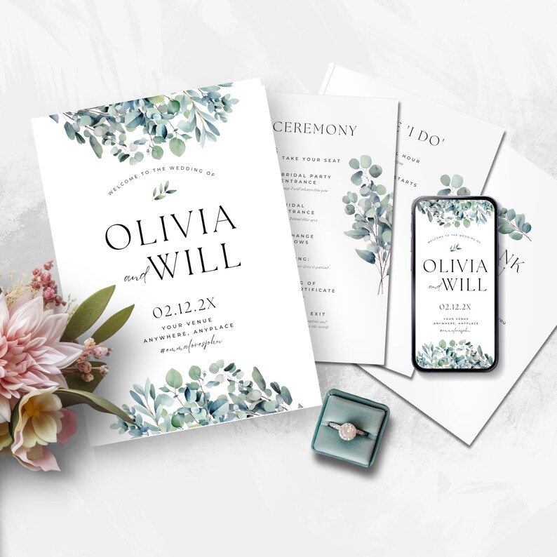 Eucalyptus Wedding Program Template, Folded Booklet (canva Editable) - Etsy