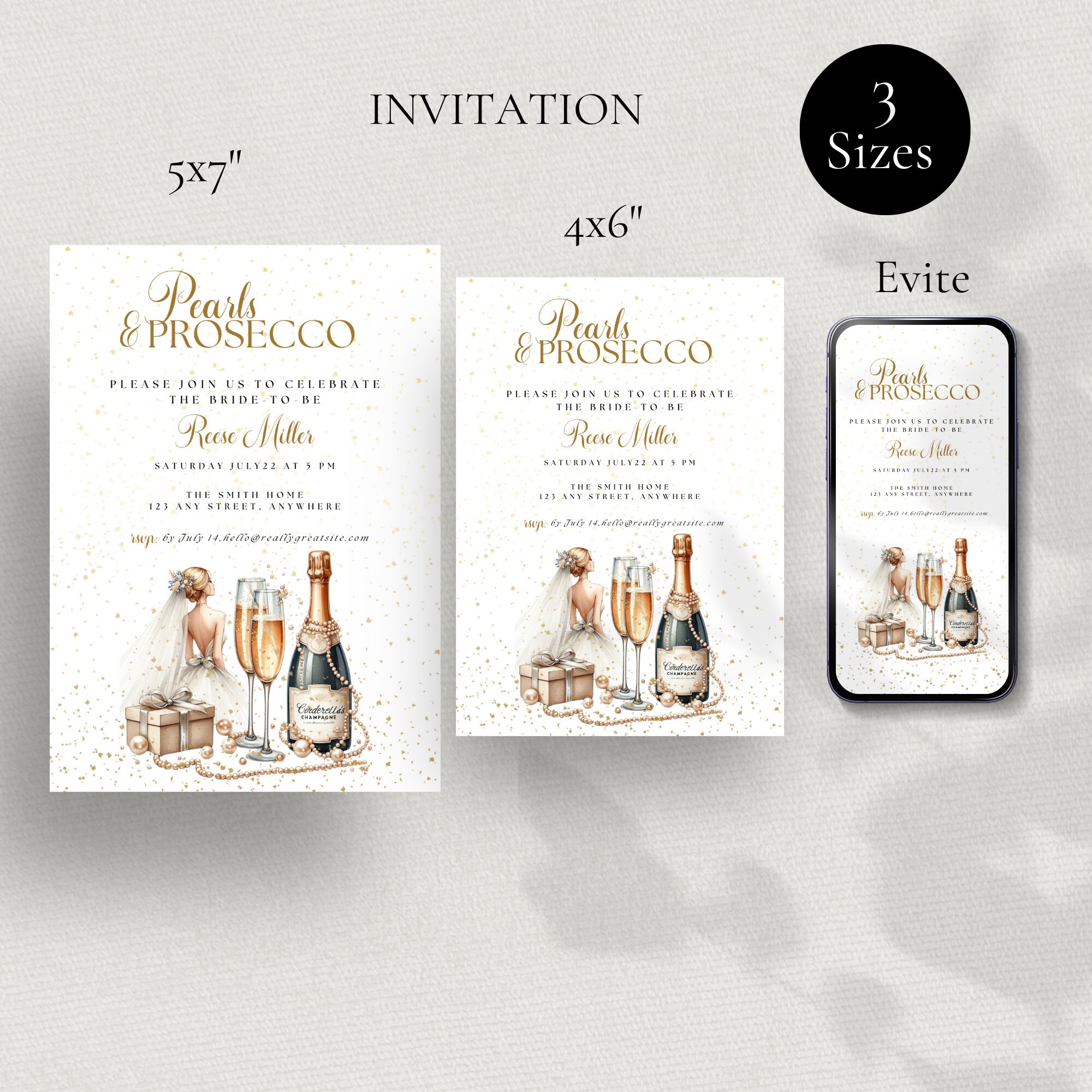 Pearls and Prosecco Bridal Shower Evite, Digital Petals and Prosecco ...
