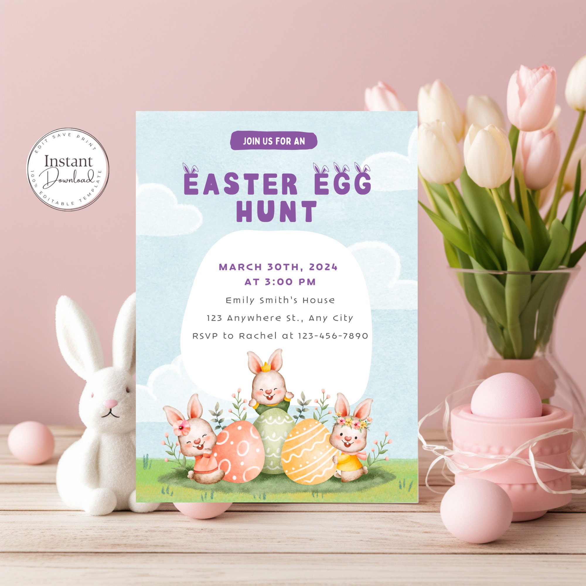 Easter Egg Hunt Evite, Digital Invitation for Kids, Editable, Instant ...