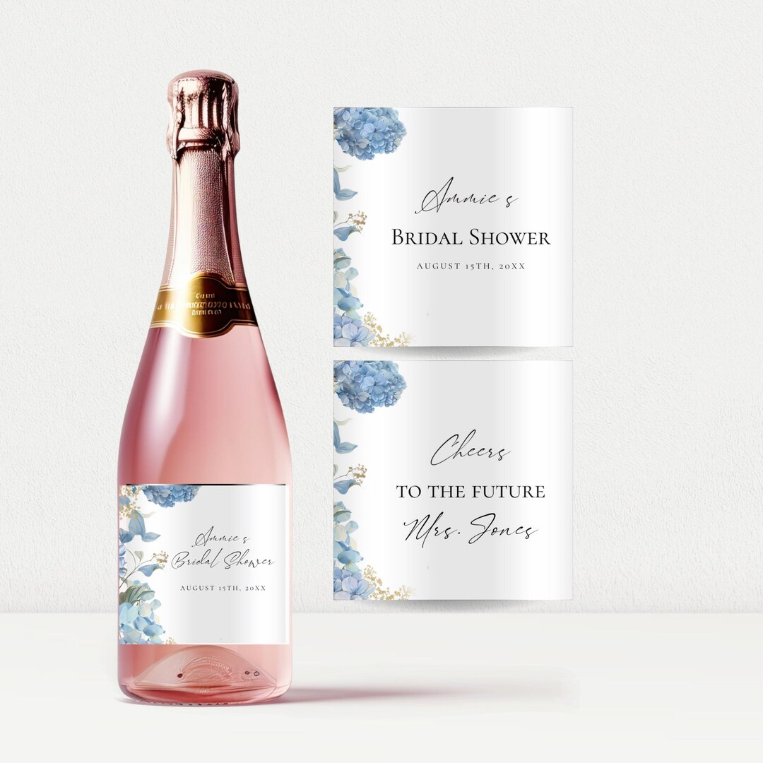 Blue Hydrangea Champagne Label, Custom Bridal Shower, Editable (digital ...