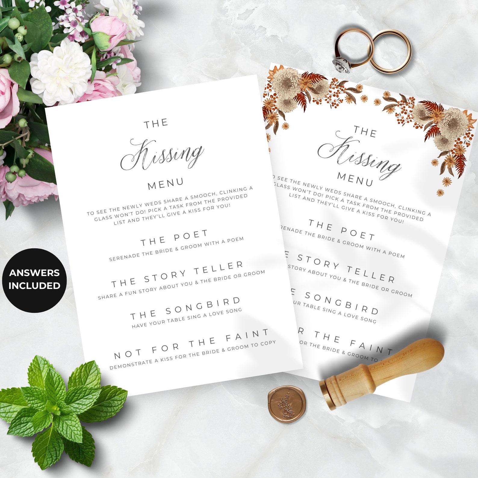 Wedding Games the Kissing Menu Template, Printable, Bride and Groom ...