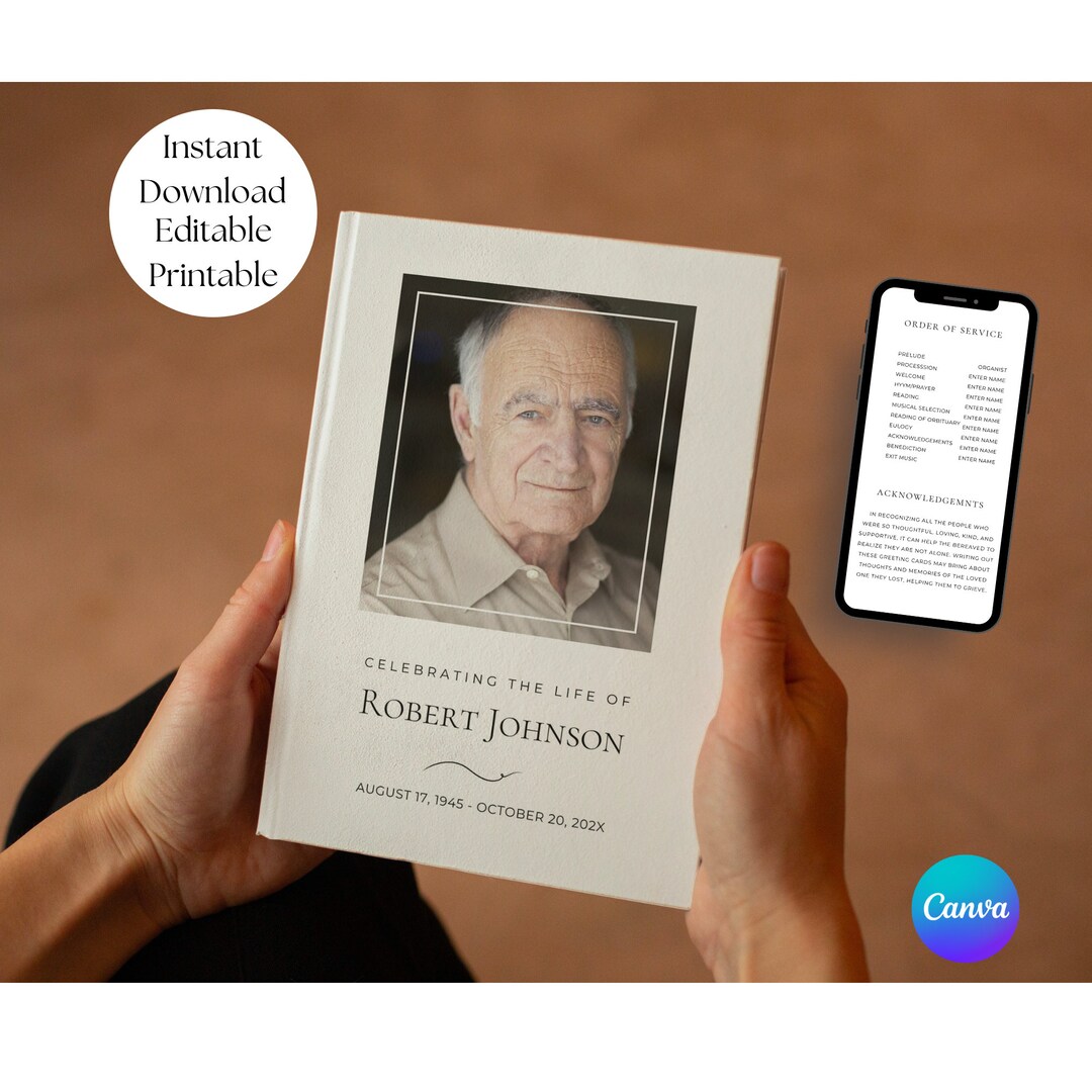 Funeral Programs for Him Template, Editable Photo Funeral Program ...