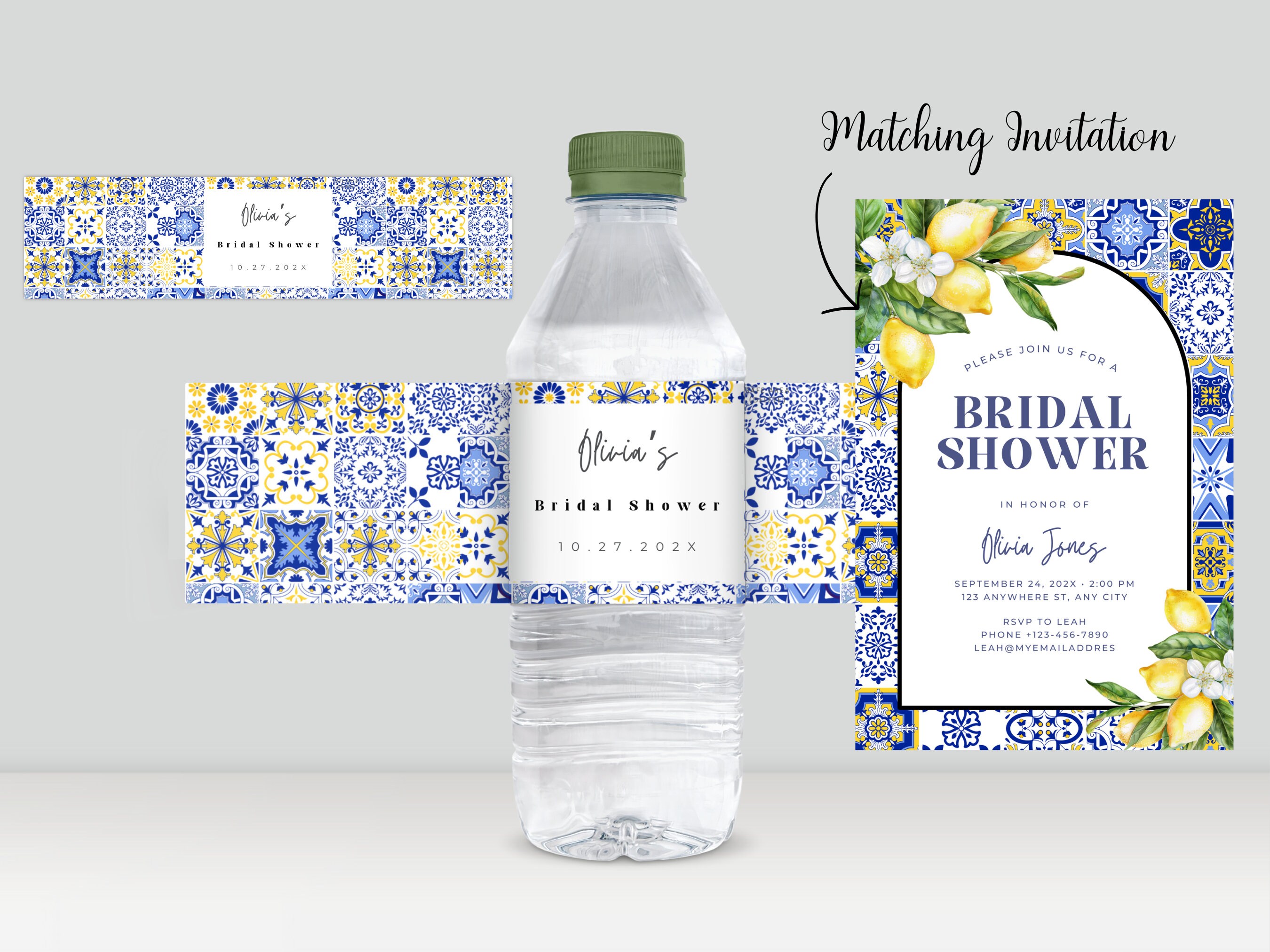 Water Bottle Labels Mediterranean Water Wrap, Blue Tile and Lemon Drink ...