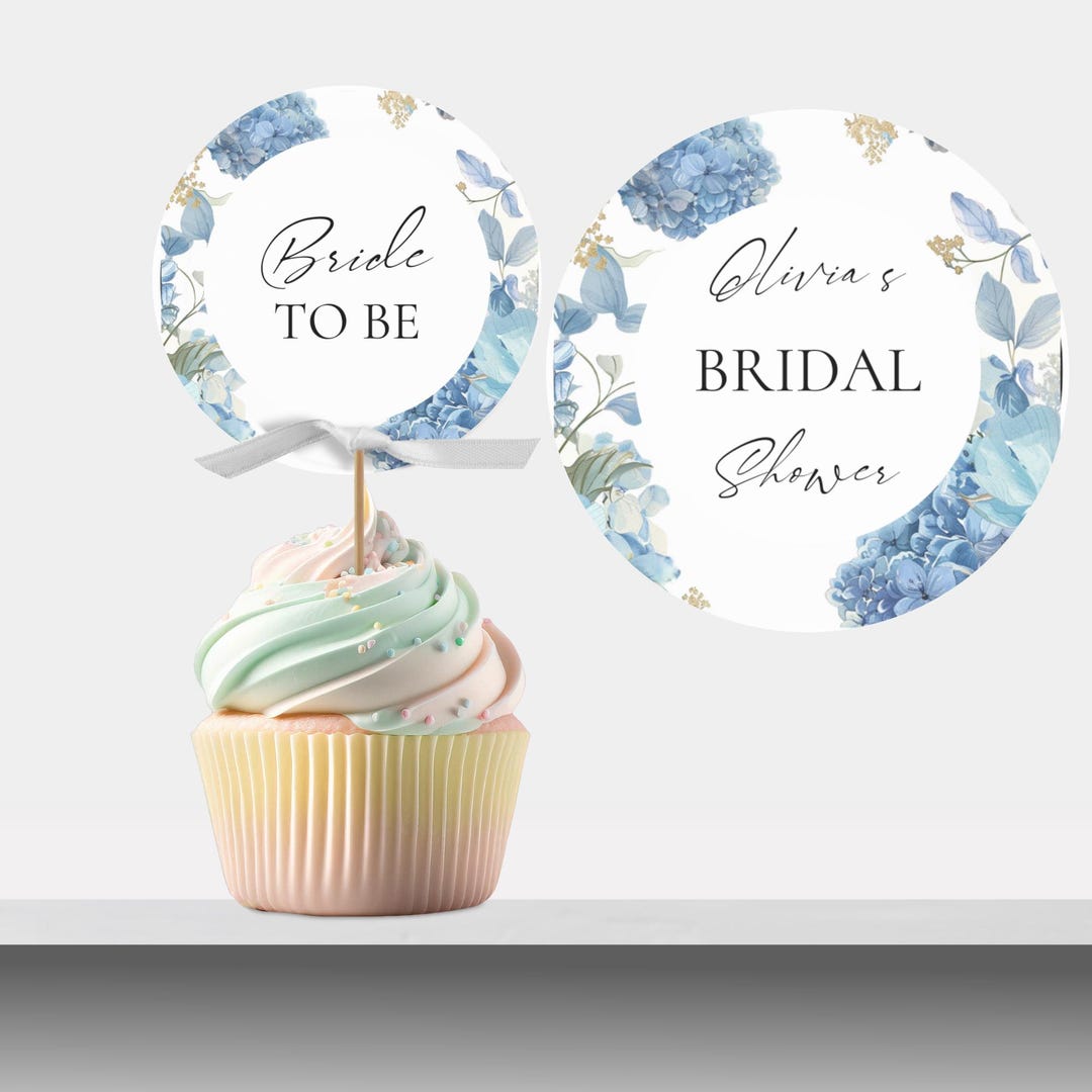 Blue Hydrangea Cupcake Toppers, Blue Bridal Shower Cupcake Toppers ...
