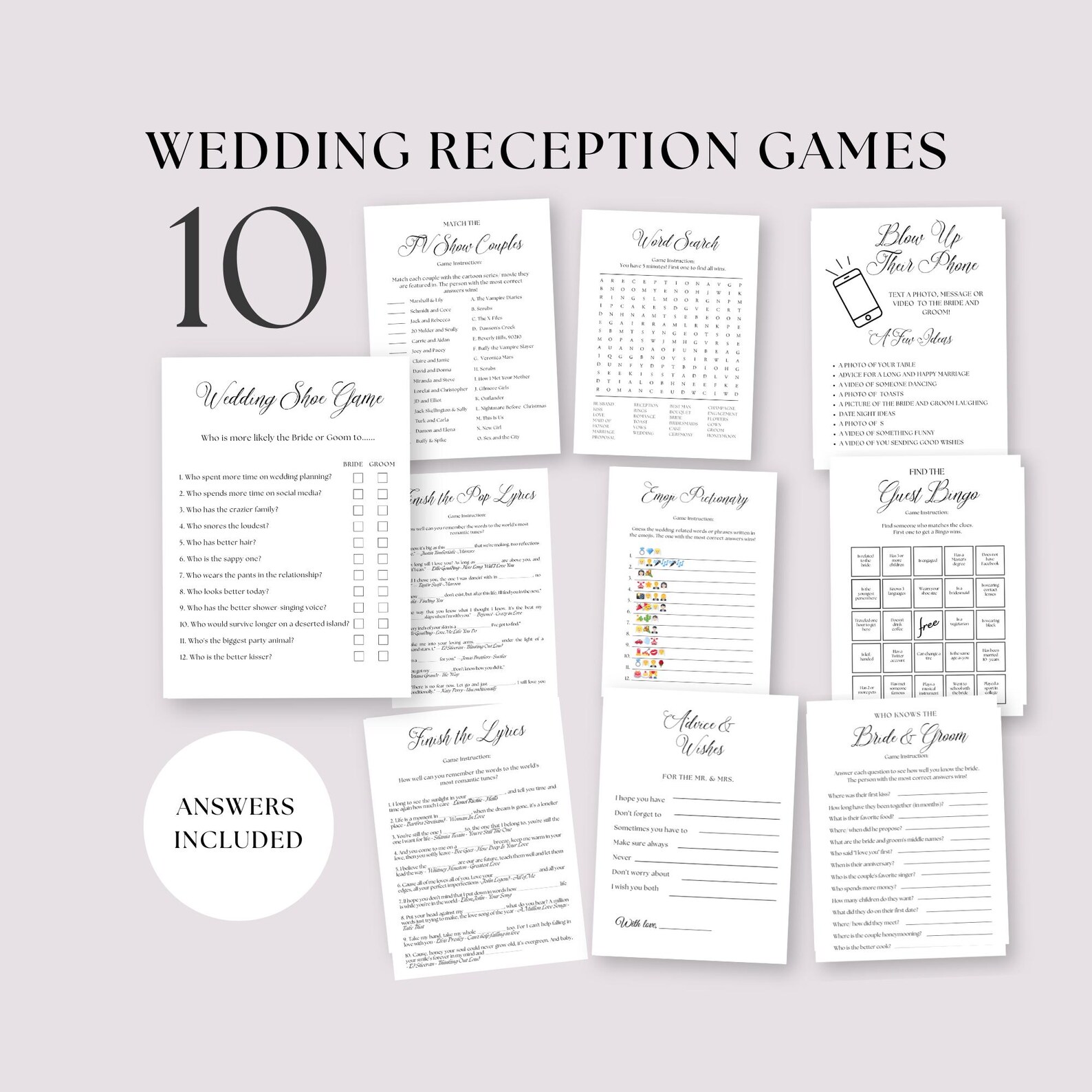 Wedding Table Games for Reception With Answers, Ready to Print Games ...