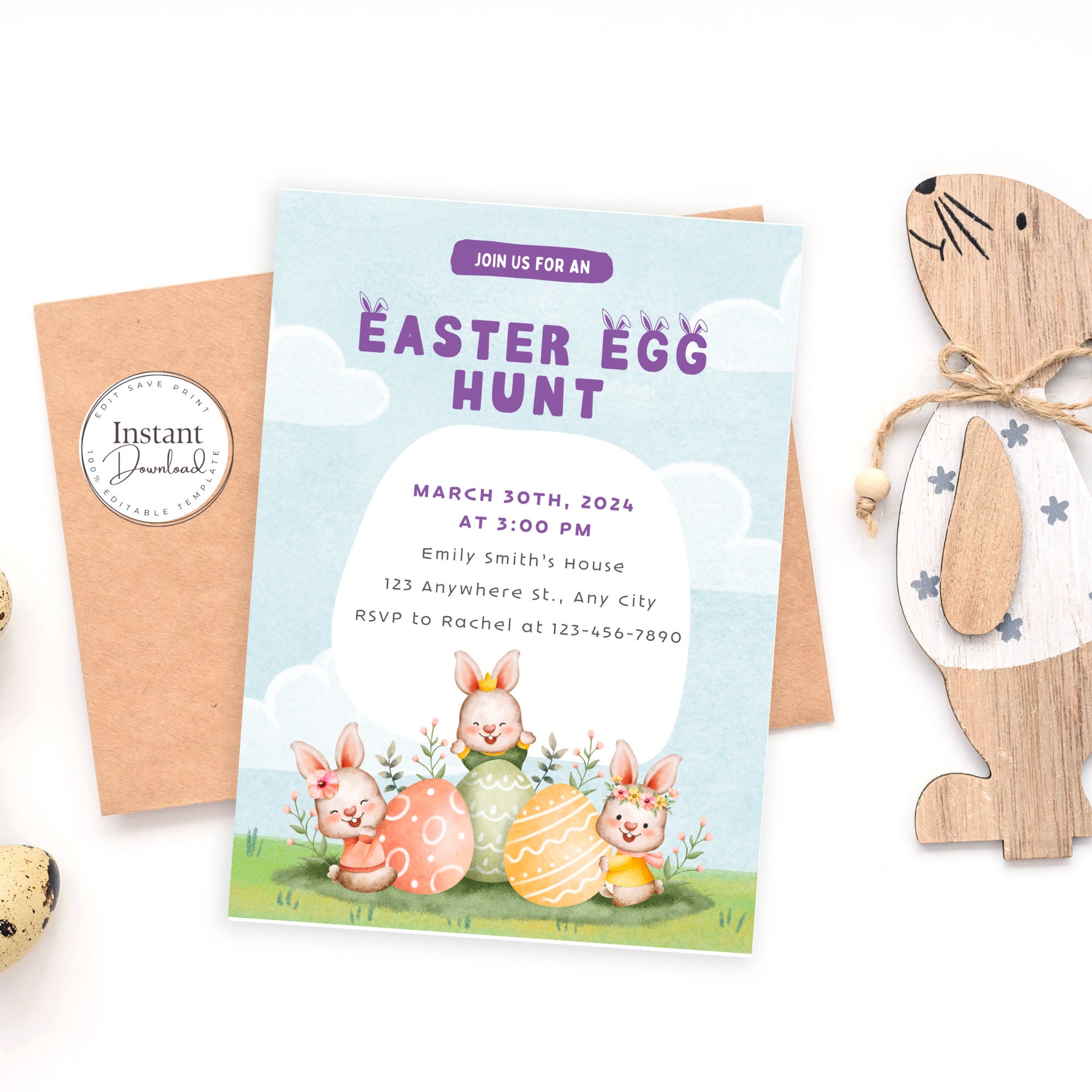 Easter Egg Hunt Evite, Digital Invitation for Kids, Editable, Instant ...