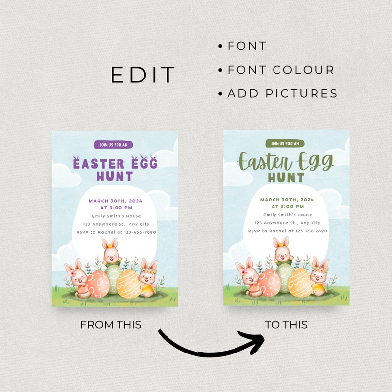 Easter Egg Hunt Evite, Digital Invitation for Kids, Editable, Instant ...