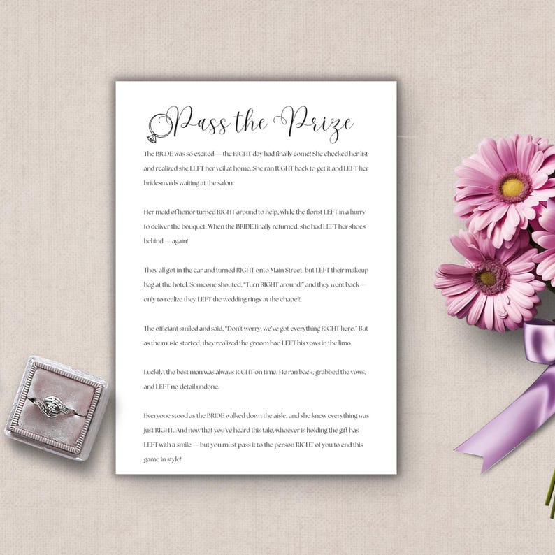 Pass the Prize Bridal Shower Game Left Right Poem Printable PDF Gift ...