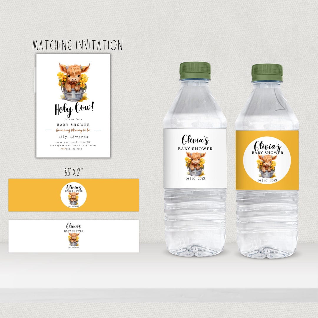 Holy Cow Water Bottle Label, Highland Cow Wrapper, Farm Theme, Editable ...