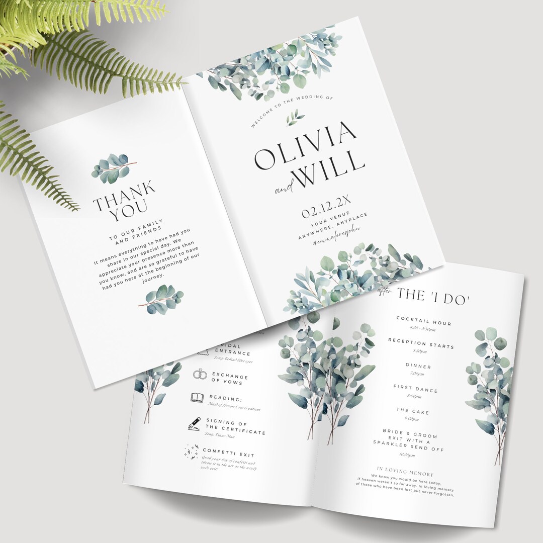 Eucalyptus Wedding Program Template, Folded Booklet (canva Editable) - Etsy