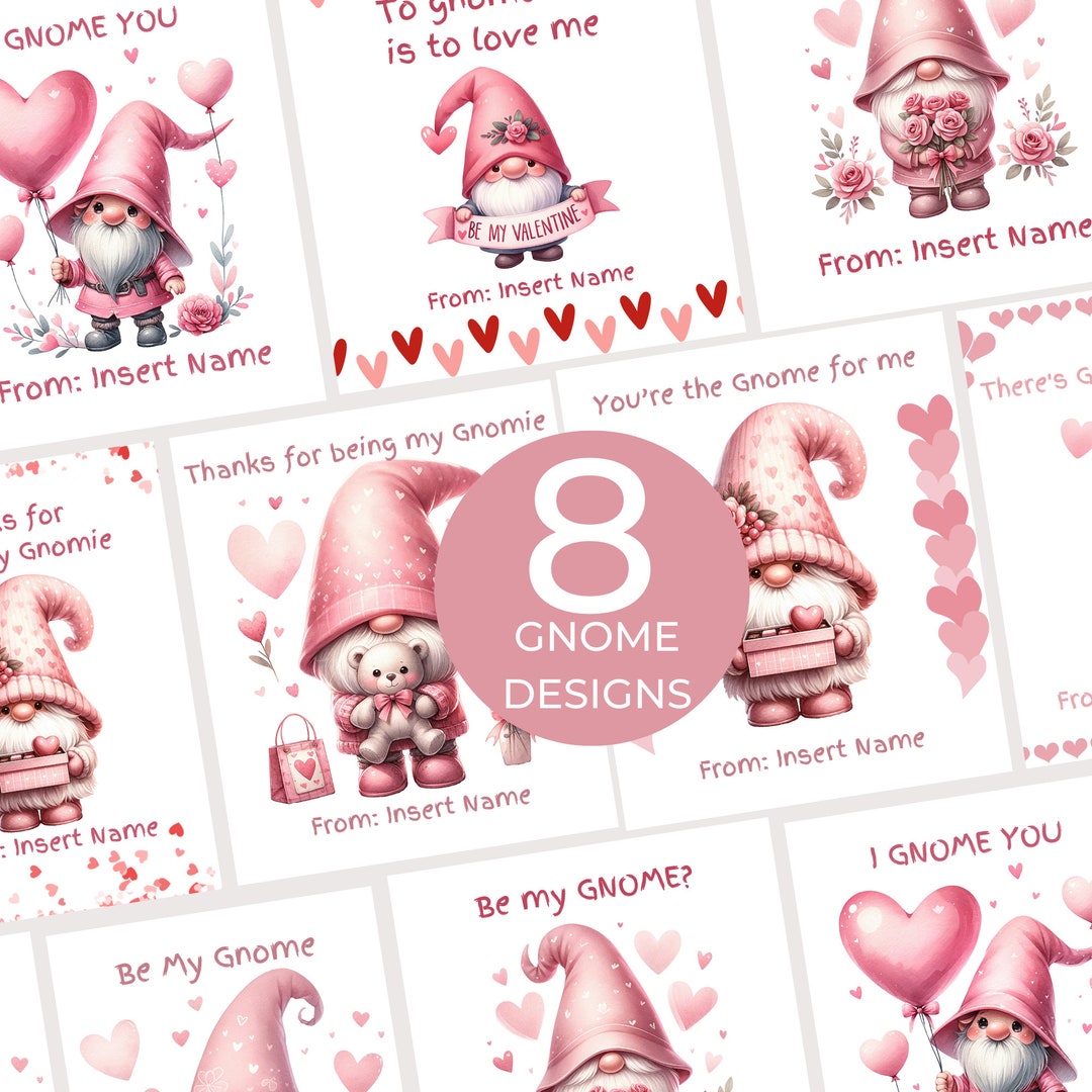 Kids Pink Gnome Valentine Printable Editable Cards, Cavna Template ...