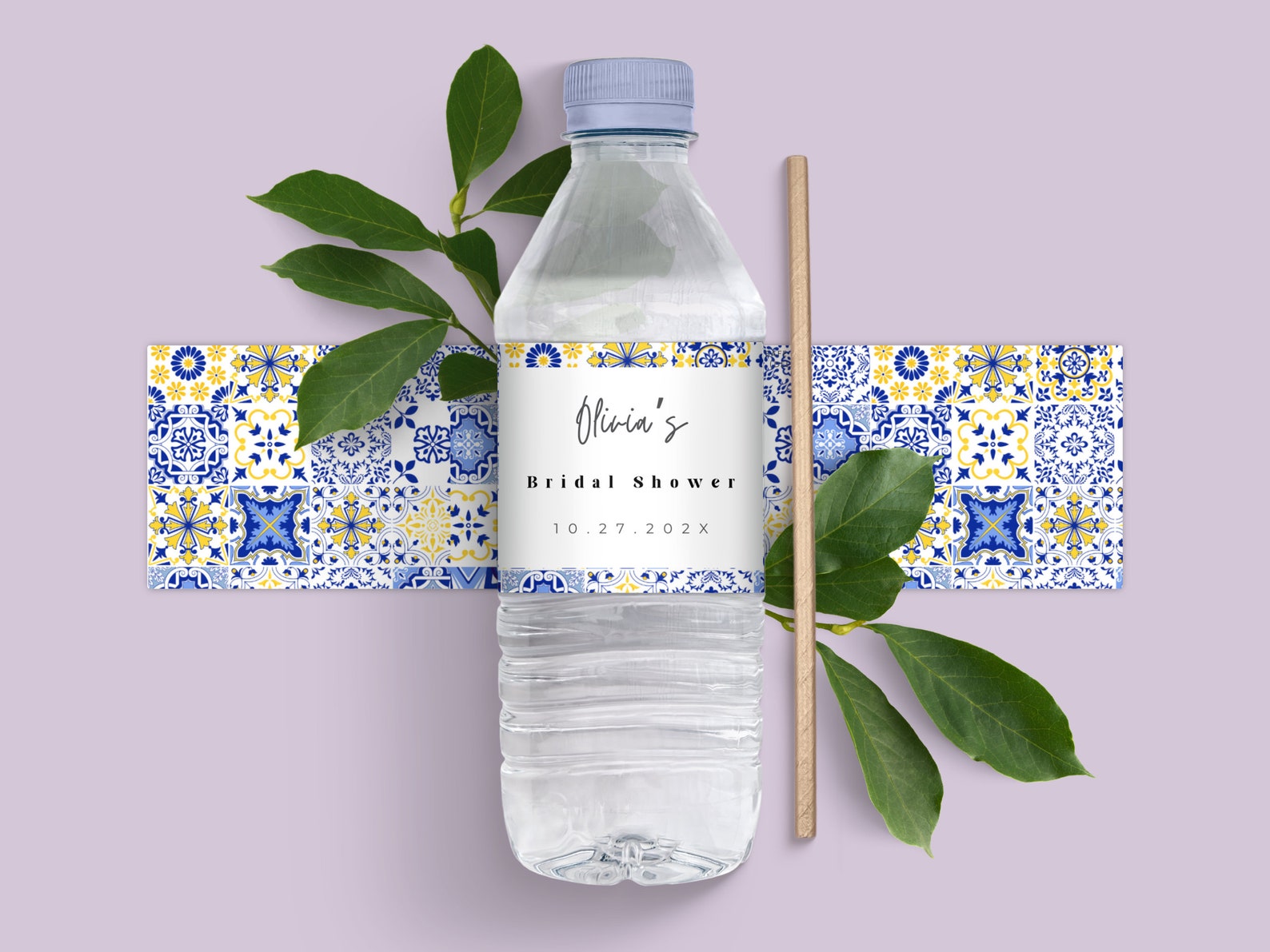 Water Bottle Labels Mediterranean Water Wrap, Blue Tile and Lemon Drink ...