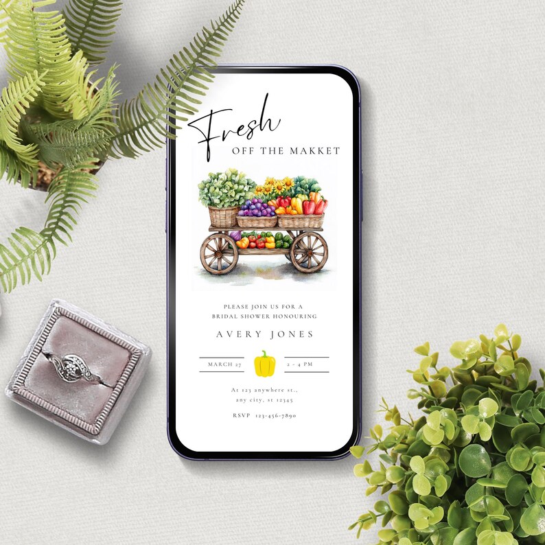 Farmer's Market Bridal Shower Invitation, Floral Produce Cart (digital ...