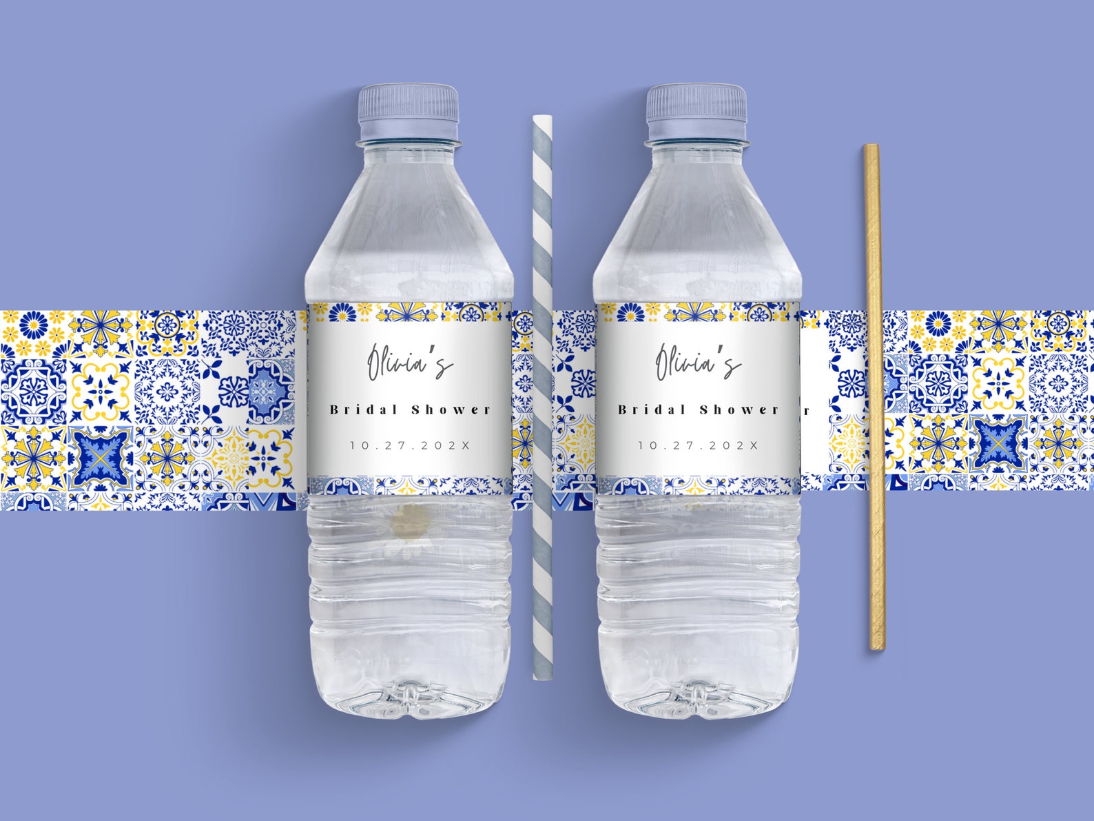 Water Bottle Labels Mediterranean Water Wrap, Blue Tile and Lemon Drink ...