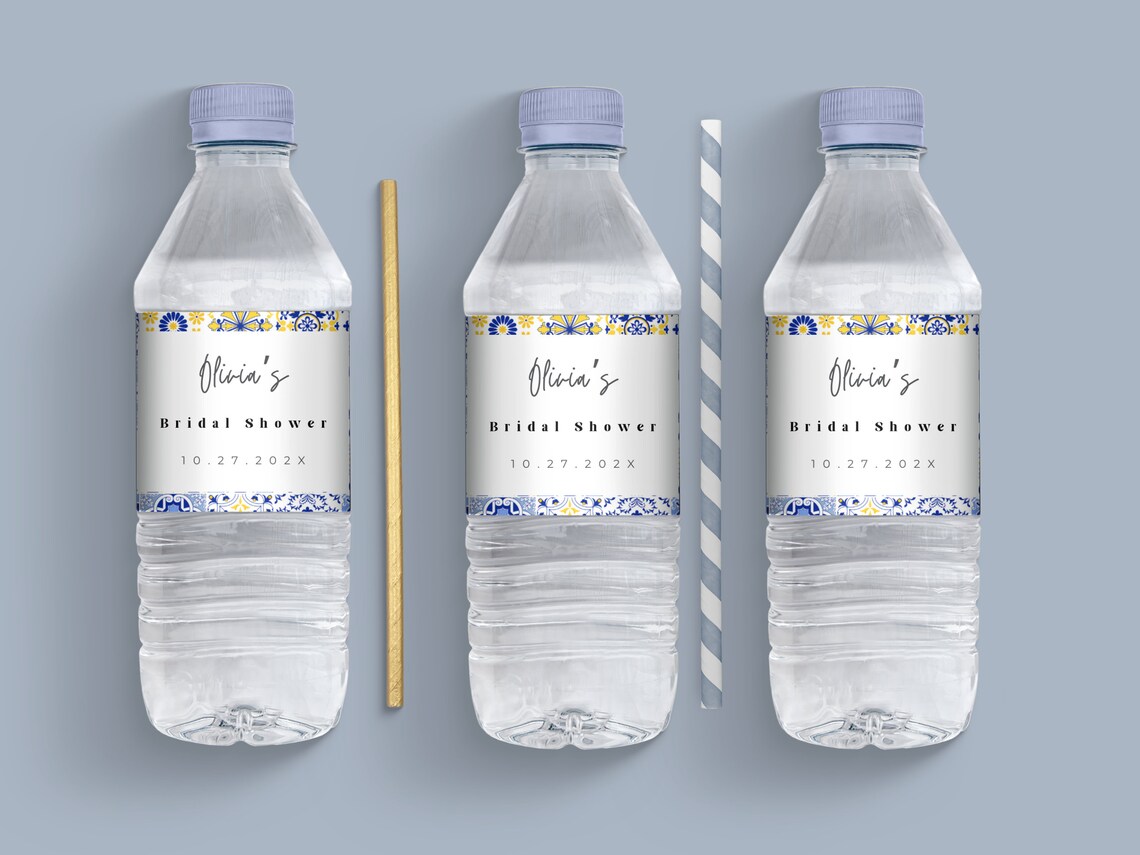 Water Bottle Labels Mediterranean Water Wrap, Blue Tile and Lemon Drink ...