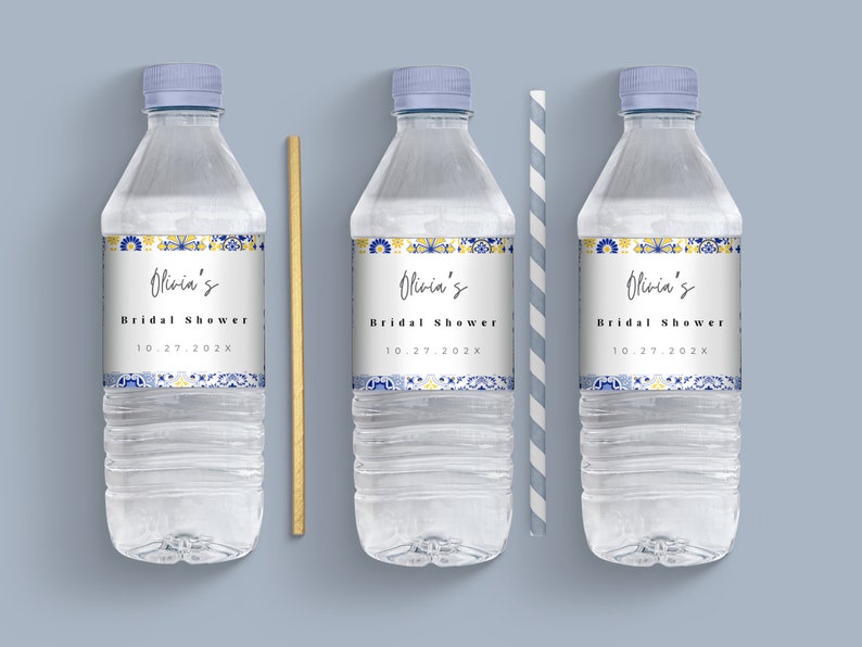 Water Bottle Labels Mediterranean Water Wrap, Blue Tile and Lemon Drink ...