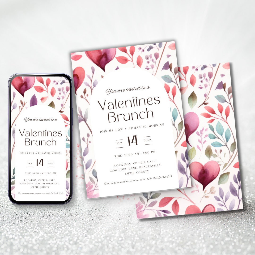 Editable Valentines Brunch Invitation Printable, Red Heart Floral ...