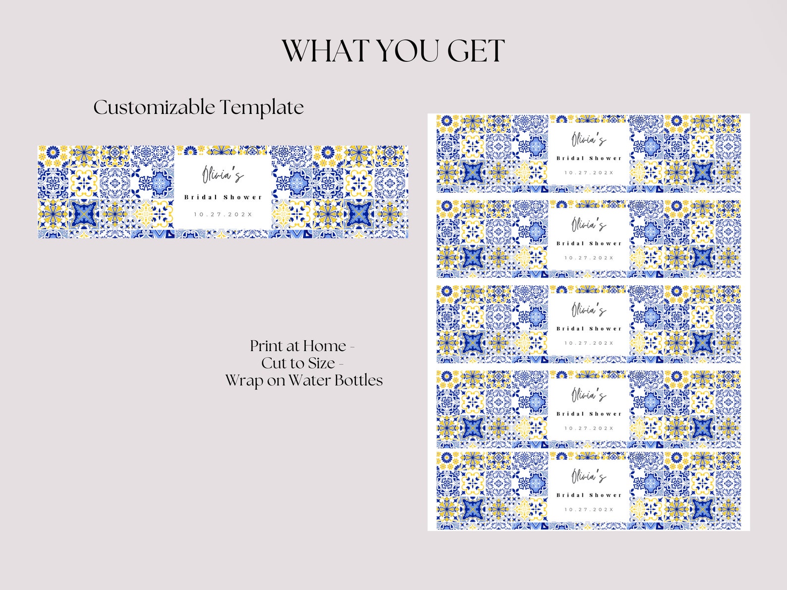 Water Bottle Labels Mediterranean Water Wrap, Blue Tile and Lemon Drink ...