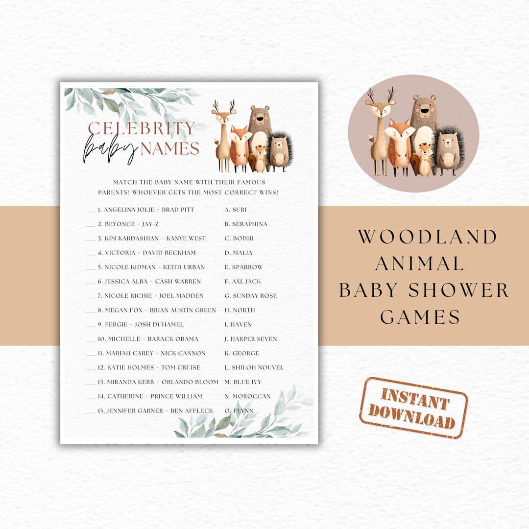 Woodland Baby Shower Game: Celebrity Baby Names, Printable (canva ...