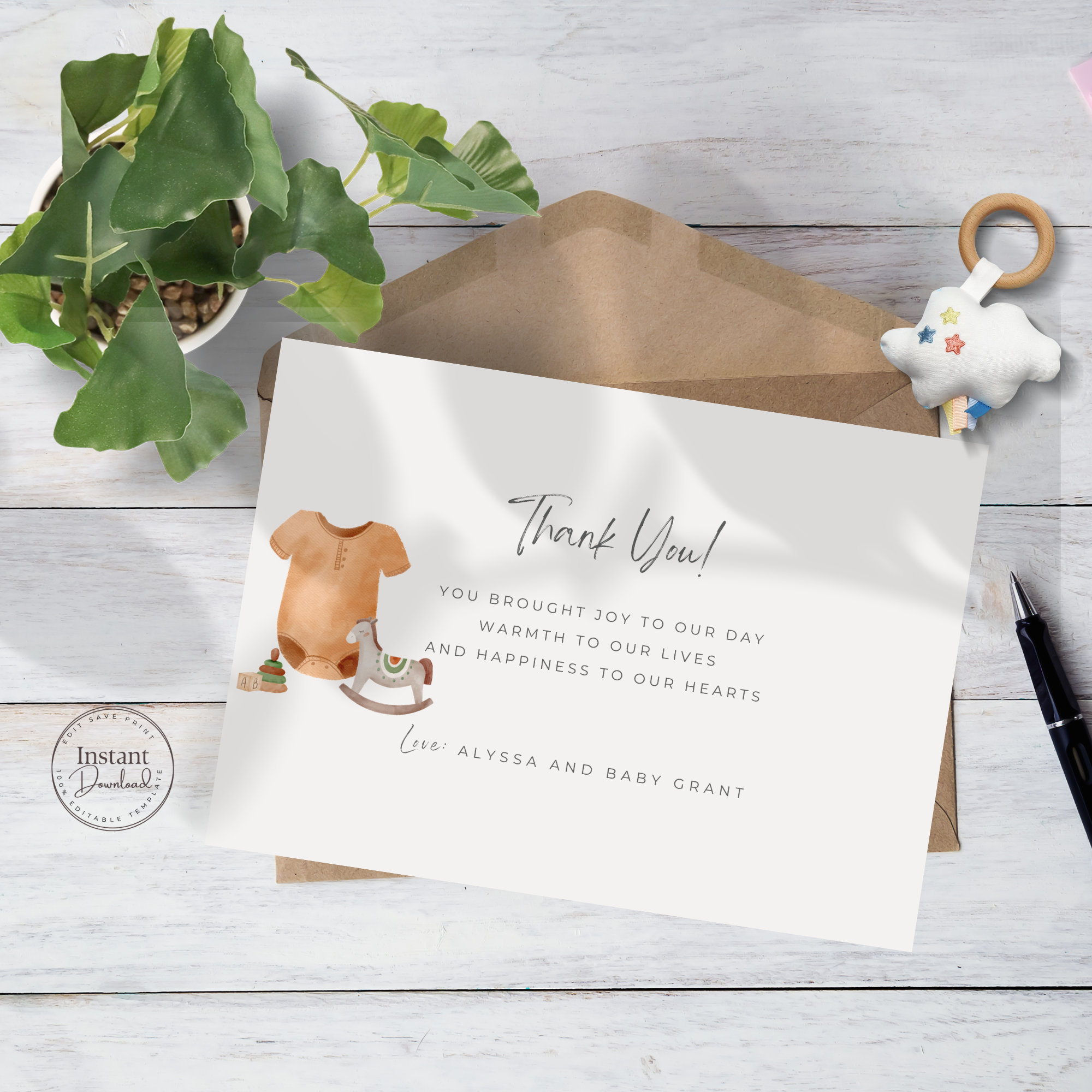 Editable Thank You Card Template, Baby Clothes Acknowledgement Note ...