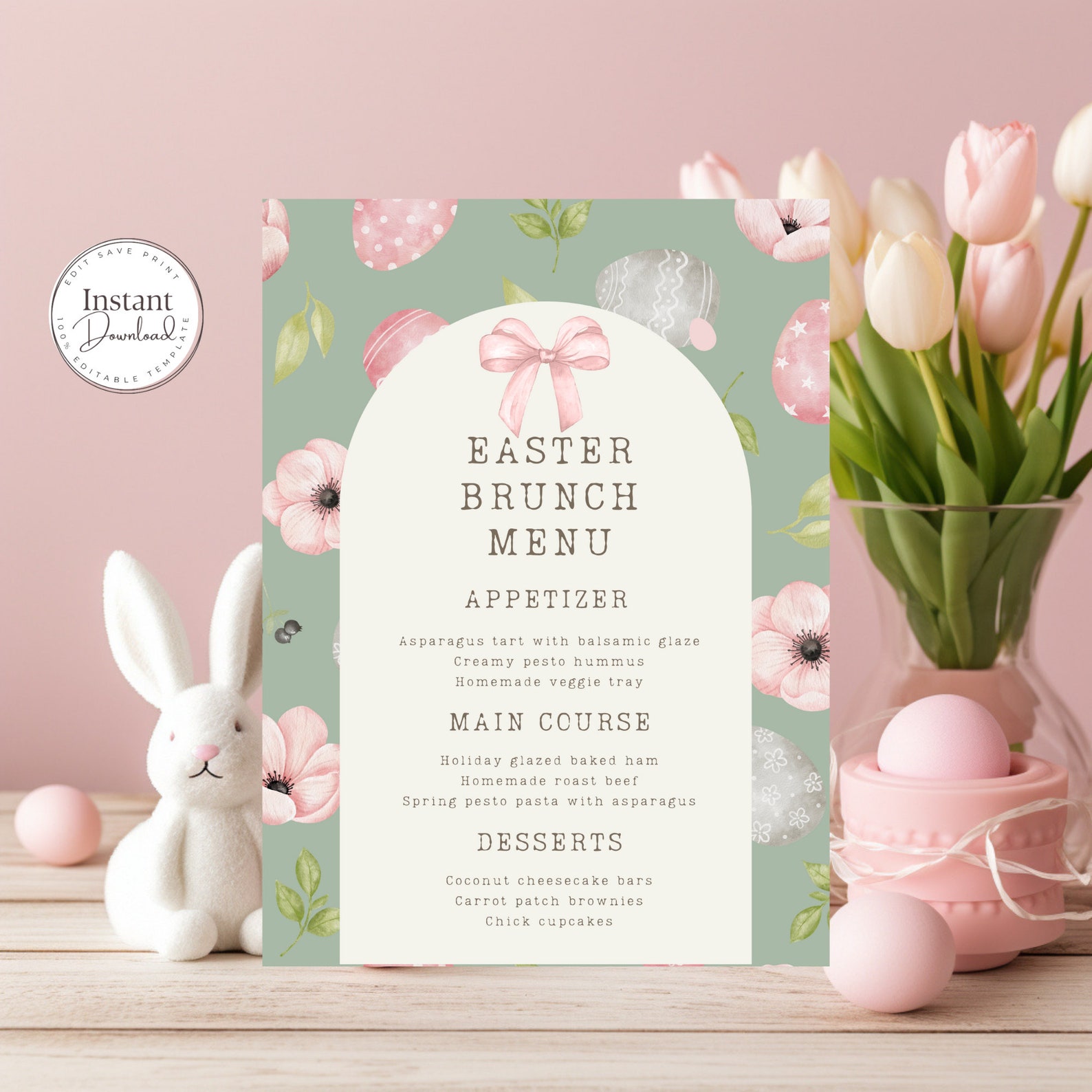 Easter Menu Template, Brunch, Floral Lunch Menu for Easter, Editable ...