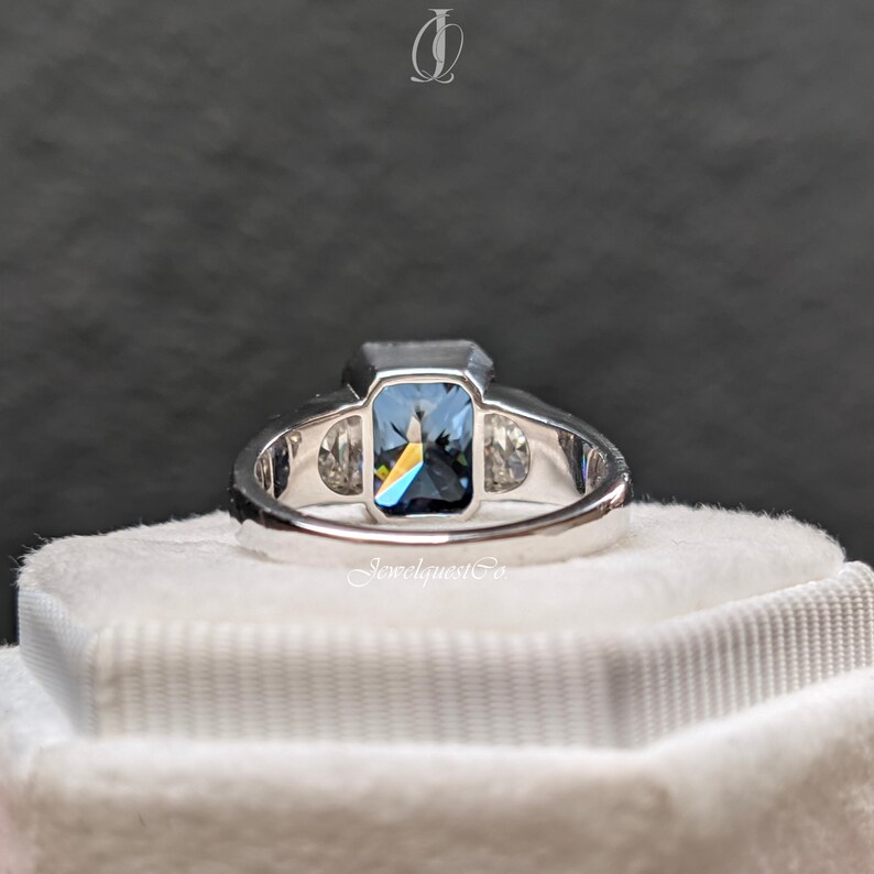 Navy Blue Radiant Cut Moissanite Ring With Half Moon Side Stones ...
