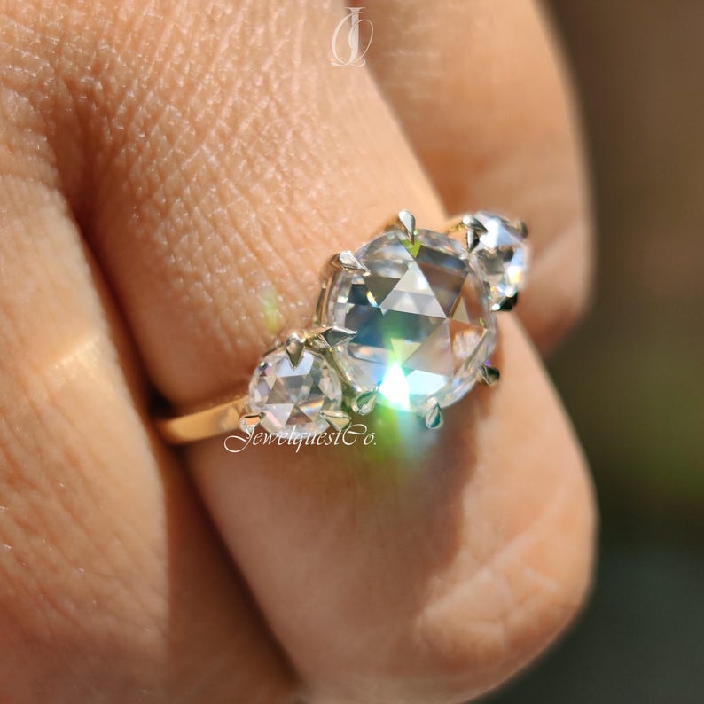 Round Rose Cut Moissanite Three Stone Engagement Ring Classic 8-claw ...
