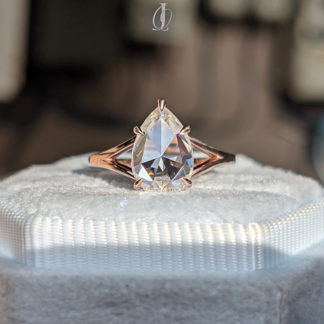 1.50 CT Solitaire Rose Pear Cut Moissanite Split Shank Engagement Ring ...