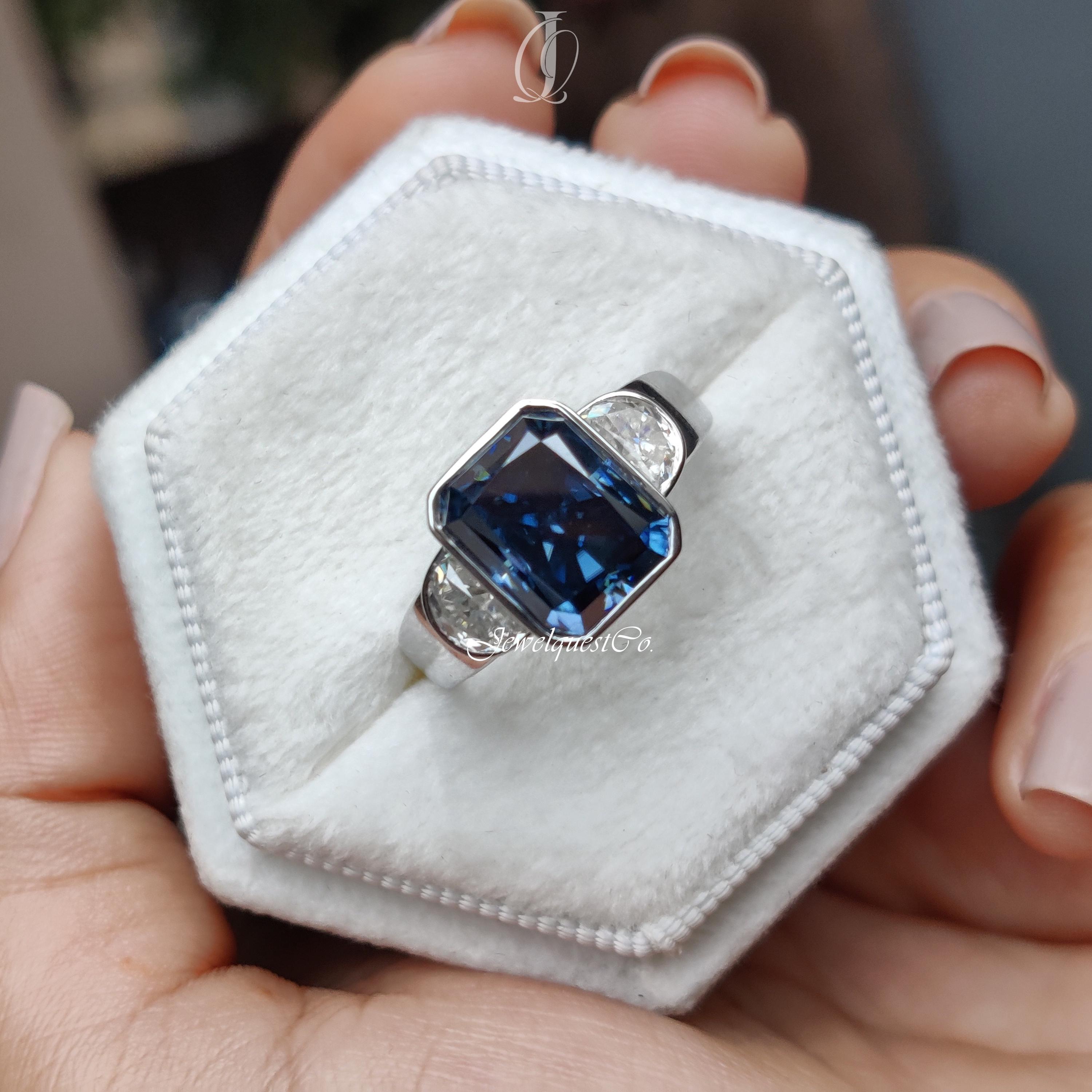 Navy Blue Radiant Cut Moissanite Ring With Half Moon Side Stones ...