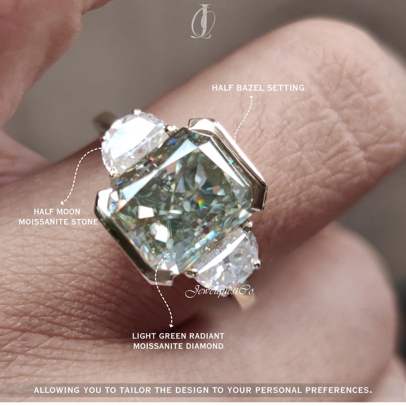Half Bezel Setting Light Green Radiant Cut Moissanite Three Stone Ring ...